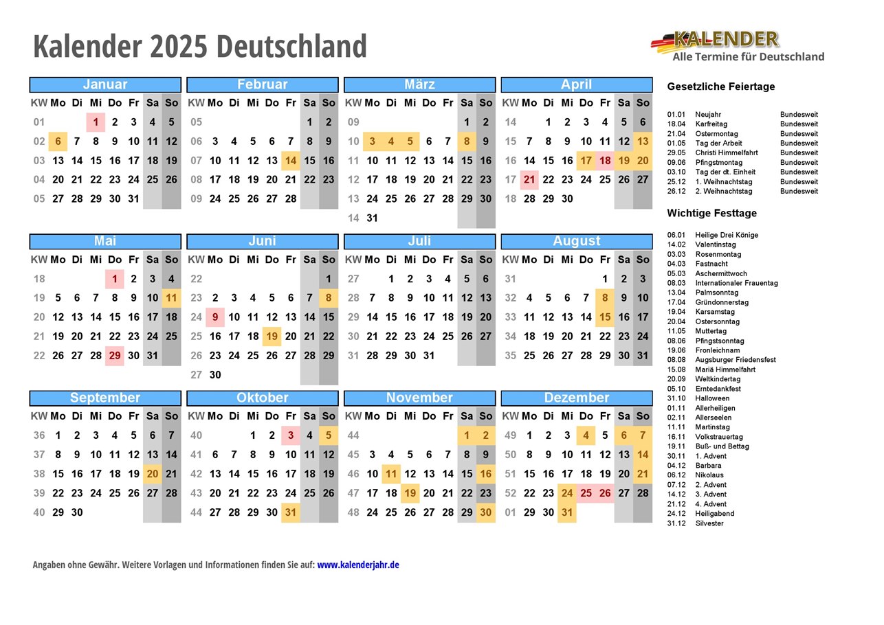 Kalender 2025 PDF Und JPG Im DIN A4 Querformat Fertig Zum Ausdruck Alle